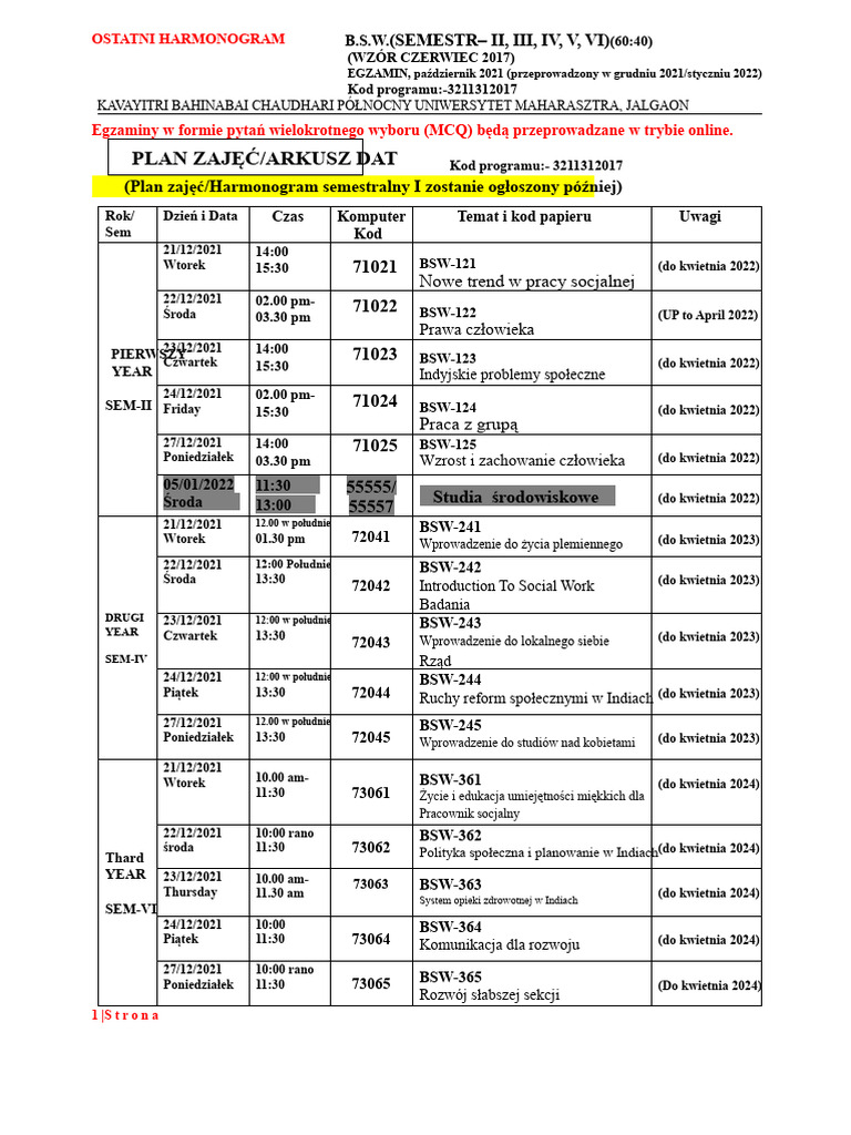 Ostateczny Harmonogram BSW Sem II III IV V VI Egzamin Grudzień 2021 ...