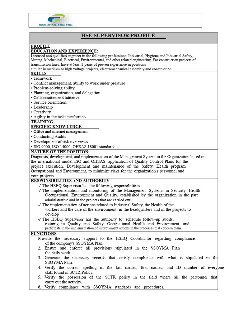 HSE Supervisor Profile and Responsibilities | PDF | Occupational Safety ...