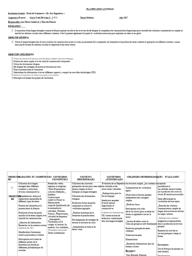 Planification annuelle de français 3e année | PDF | Langue française ...