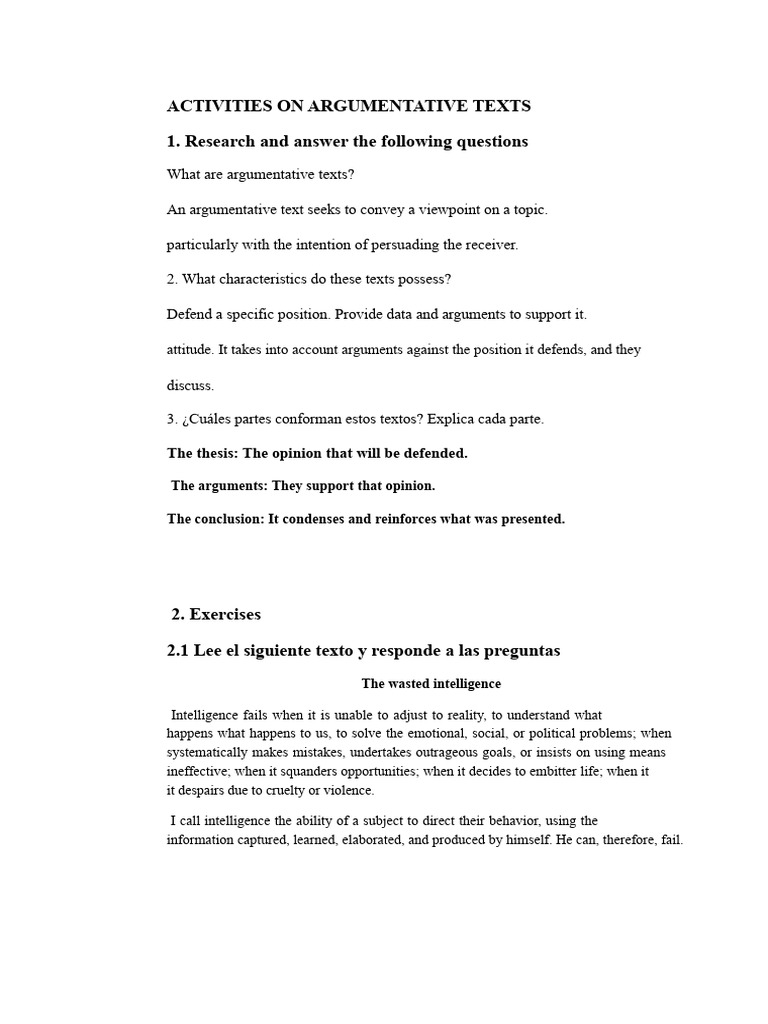 ACTIVITIES ON ARGUMENTATIVE TEXTS (1) | PDF | Intelligence | Psychology