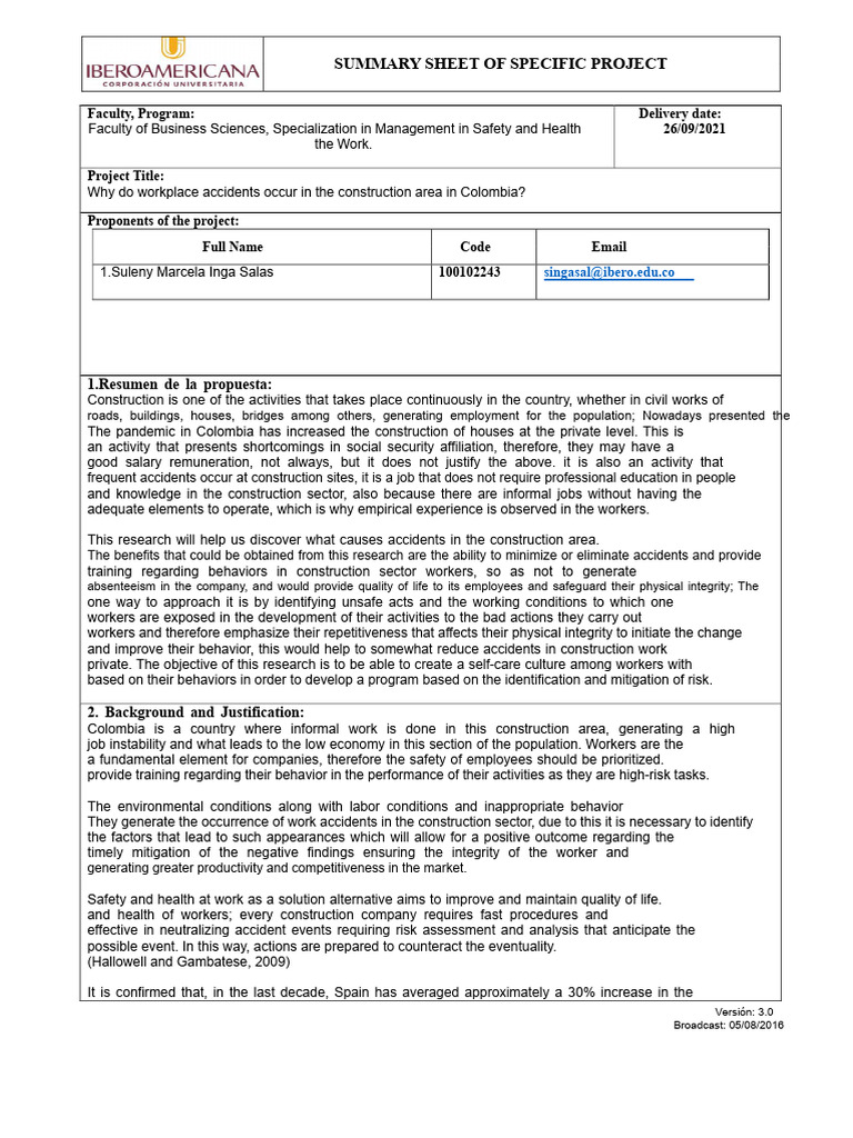 Activity 3 - Summary Sheet of Specific Project. | PDF | Occupational ...