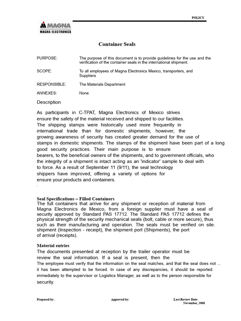 Container Seal Policy for Shipments | PDF | Verification And Validation ...