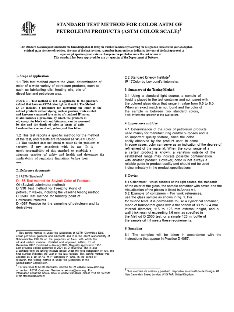 ASTM D 1500 Color Test for Petroleum | PDF | Petroleum | Oil