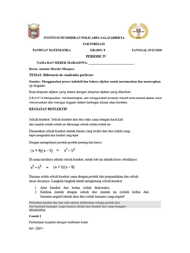 Panduan Faktorisasi Selisih Kuadrat | PDF