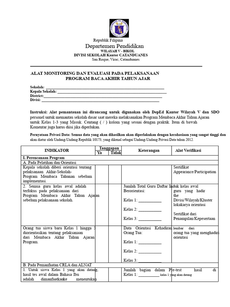 Alat Pemantauan dan Evaluasi untuk Program Membaca EOSY | PDF