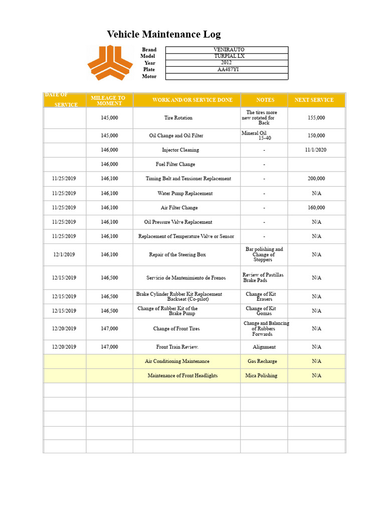 Vehicle Maintenance Log in Excel | PDF | Brake | Tire