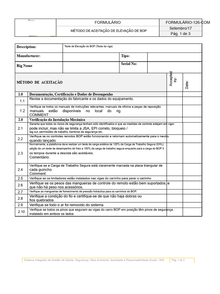FORM-126-COM - Avaliação de Elevação BOP e Método de Teste Funcional | PDF
