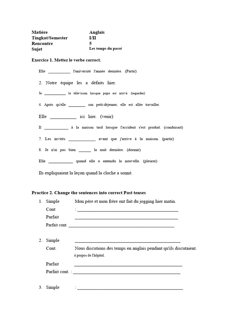 Exercices sur les temps du passé en anglais | PDF | Aspect accompli ...