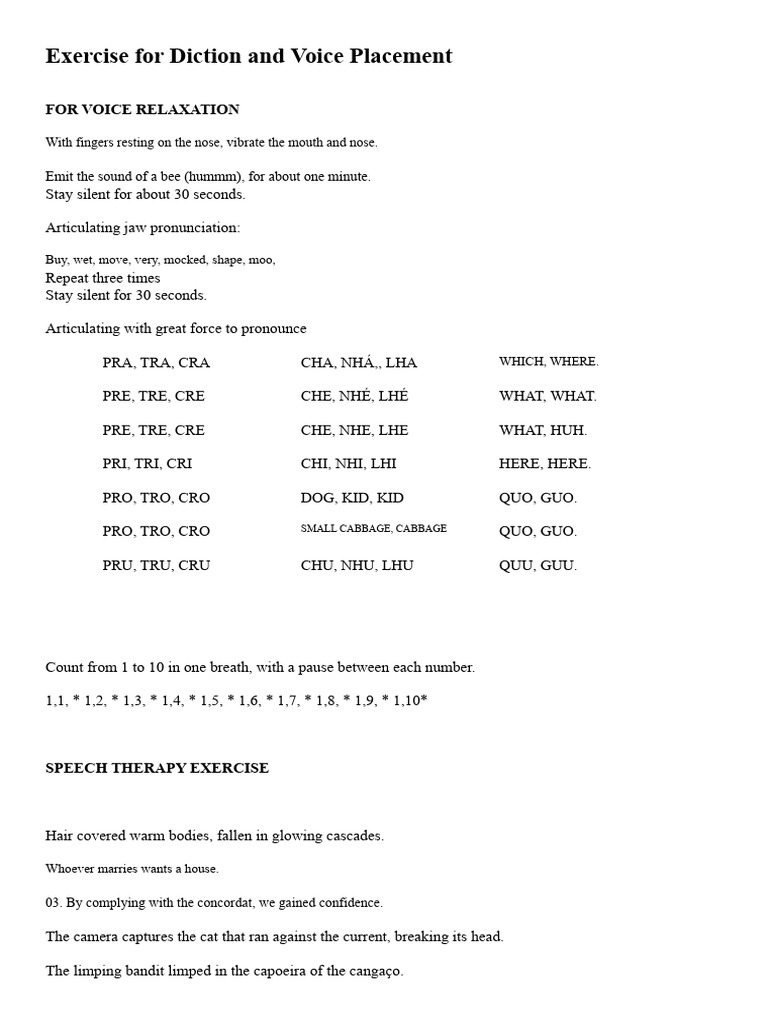 Exercise For Diction and Voice Projection | PDF | Phonetics | Human Voice
