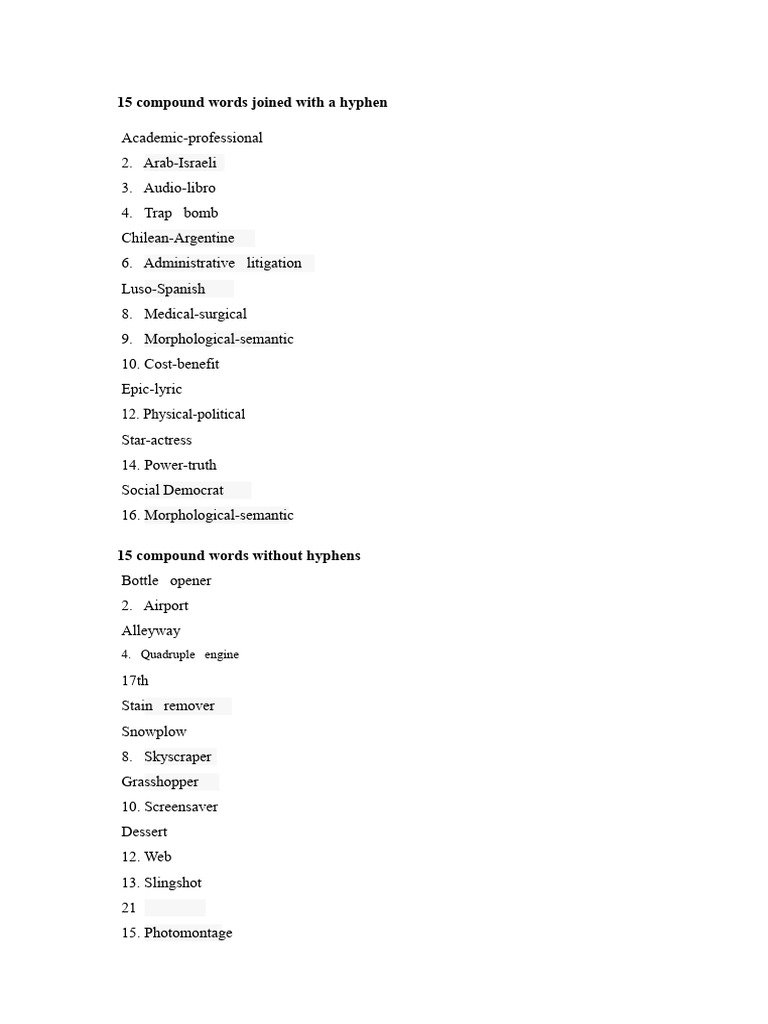 15 COMPOUND WORDS CONNECTED WITH HYPHEN.docx | PDF