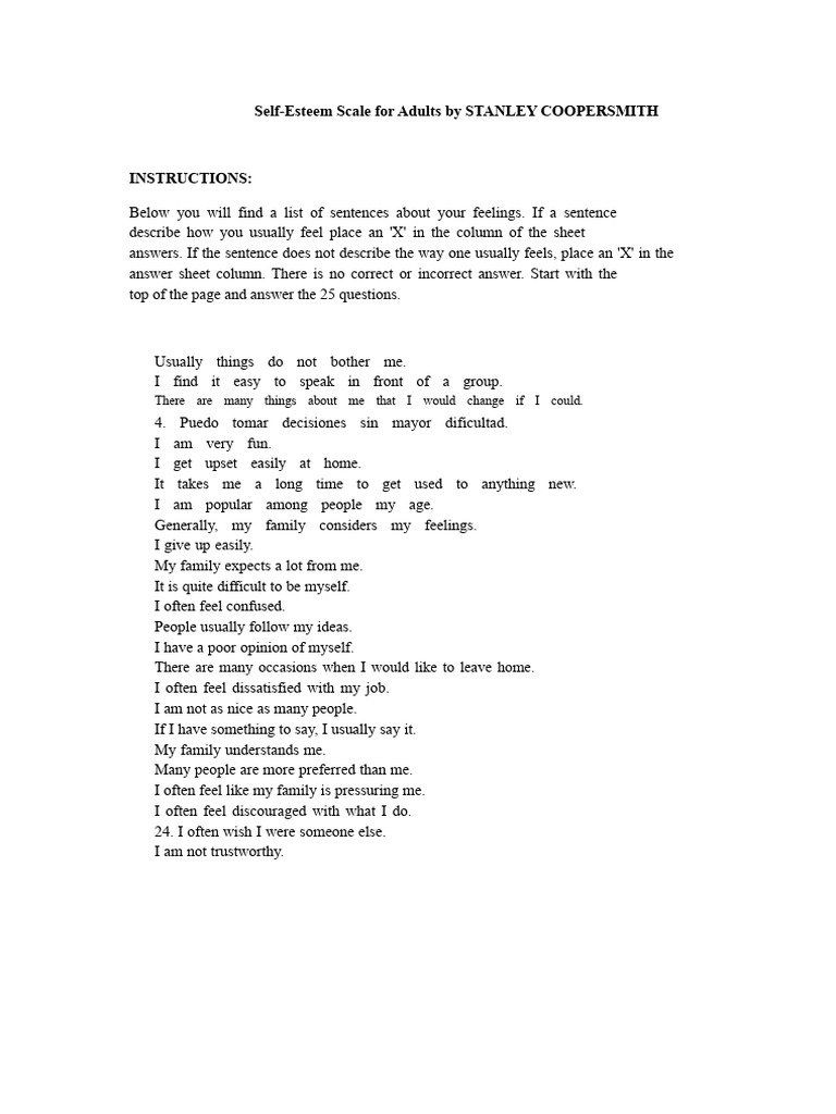 Adult Self-Esteem Scale by Coopersmith | PDF | Self Esteem ...