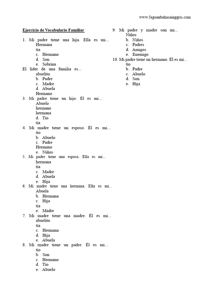 Ejercicio de Vocabulario de La Familia | PDF