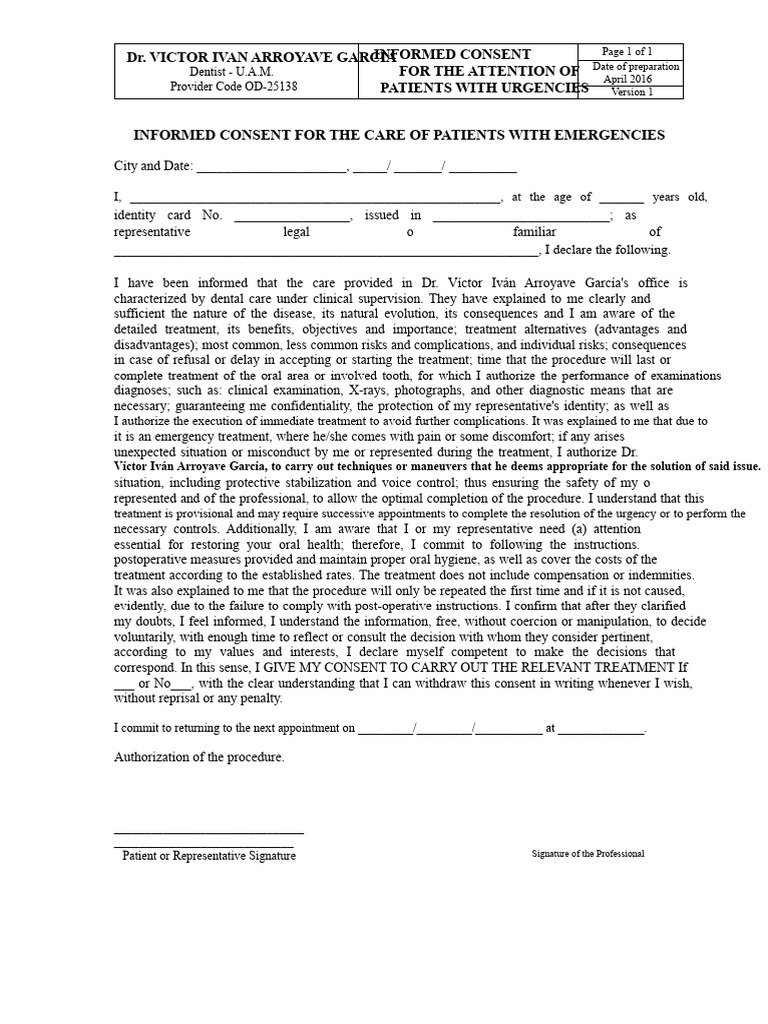 INFORMED CONSENT DENTAL EMERGENCIES | PDF | Informed Consent | Dentistry