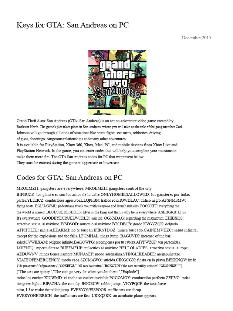 Keys for GTA San Andreas on PC 24580 Nyz2b9 | PDF