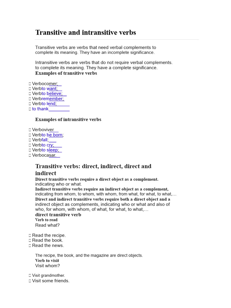 Understanding Transitive vs Intransitive Verbs | PDF | Verb | Object ...