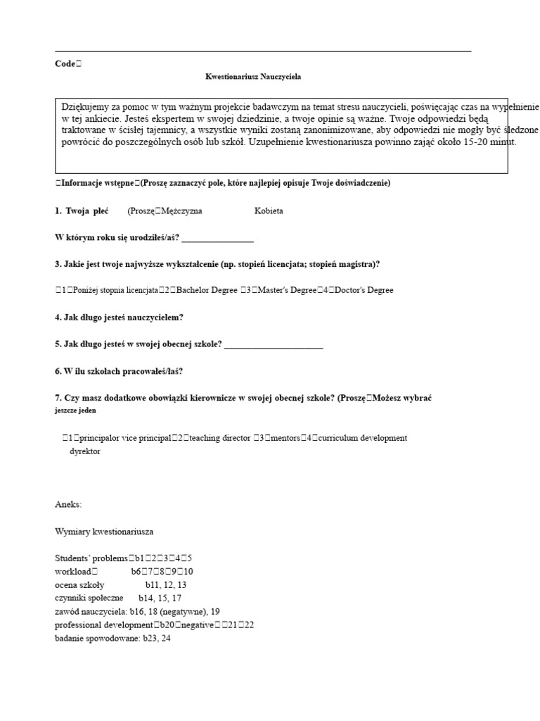 Kwestionariusz Stresu Nauczycieli | PDF