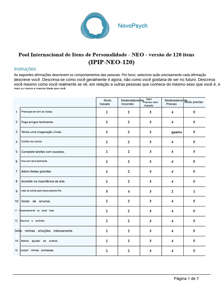 Avaliação de Personalidade NEO-120 | PDF | Traços de personalidade ...