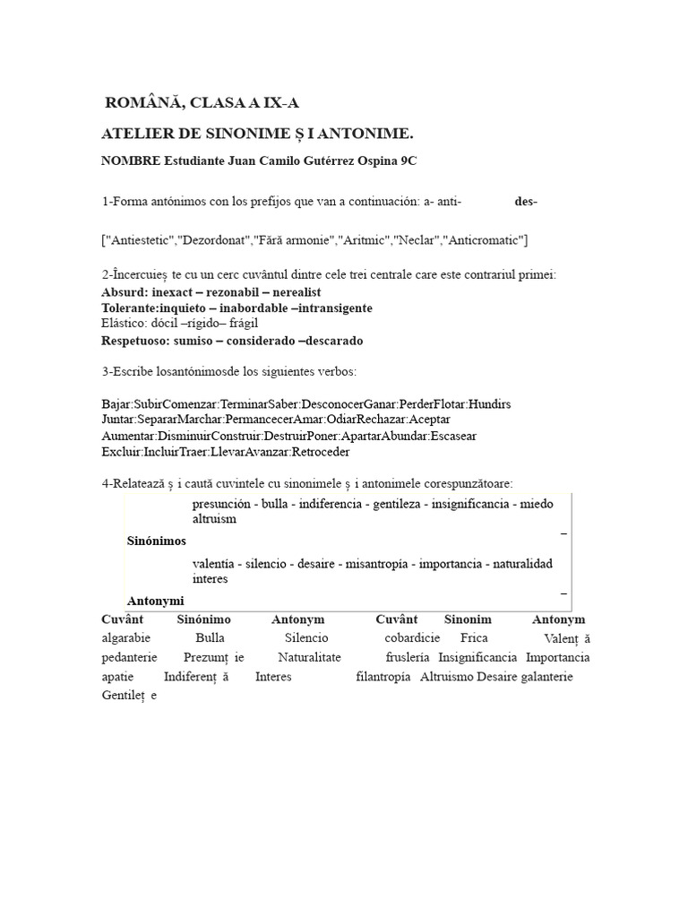 Atelier de Sinonime Și Antonime Fără Ultima Punct | PDF