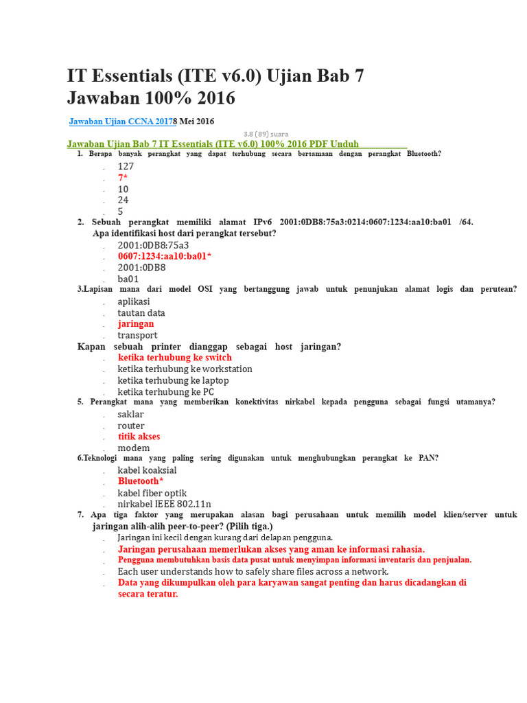 Ujian & Jawaban Bab 7 Cisco ITE | PDF