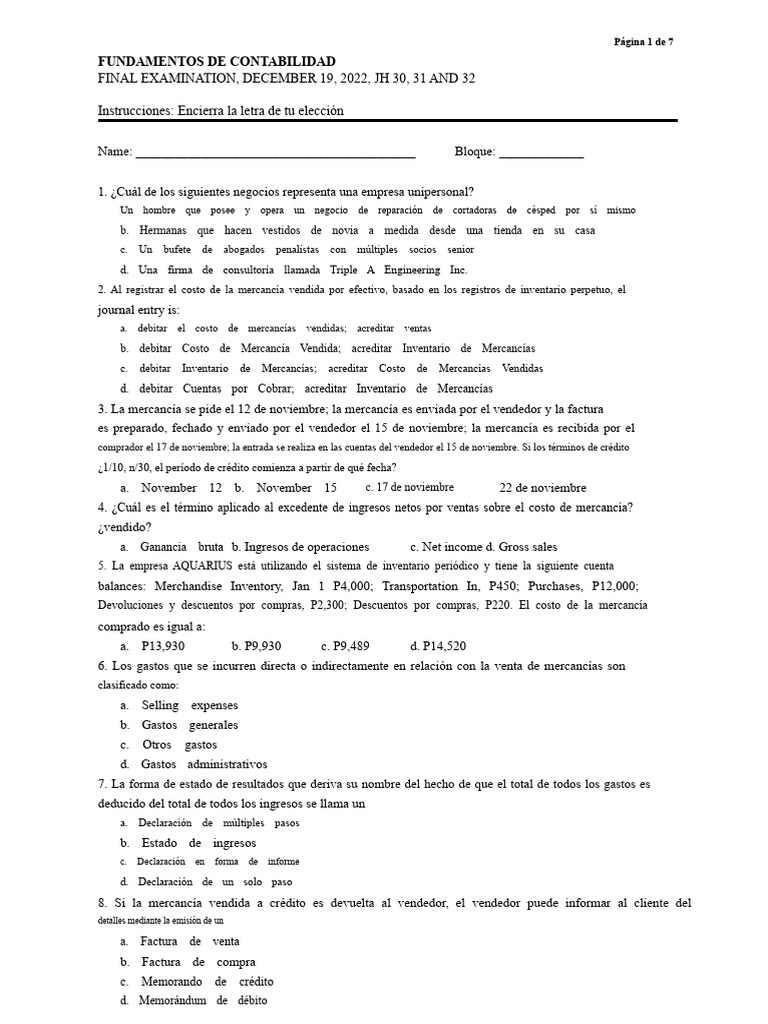 Examen Final de Fundamentos de Contabilidad | PDF | Compartir (Finanzas ...