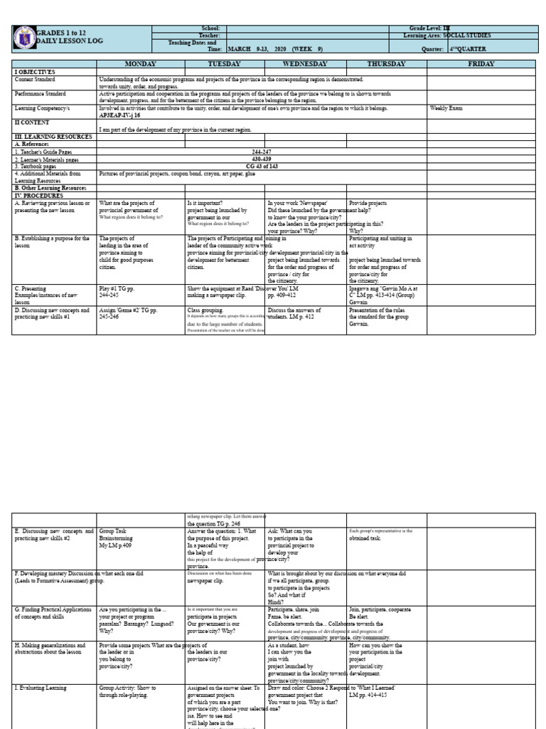 Social Studies-3 - Q4 - W9-DLL | PDF | Education Theory | Learning