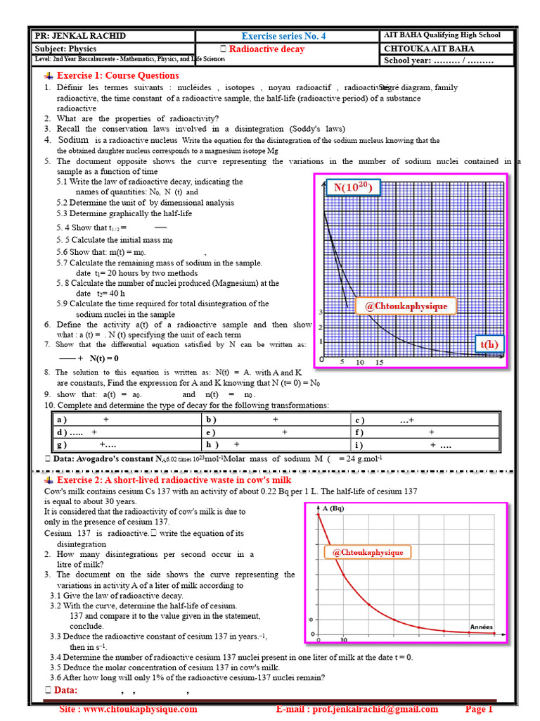 Exercise Series 4, Radioactive Decay, 2BAC BIOF, SM, PC and SVT, PR ...