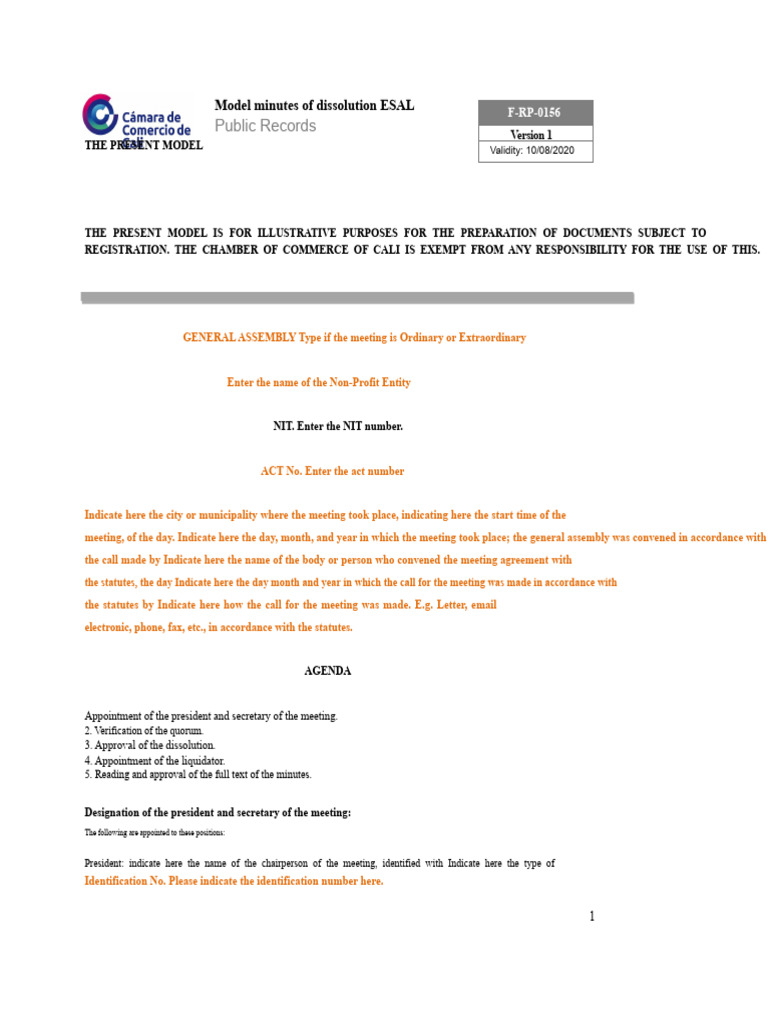 Model Minutes of Dissolution of Non-Profit Entity. | PDF | Identity ...
