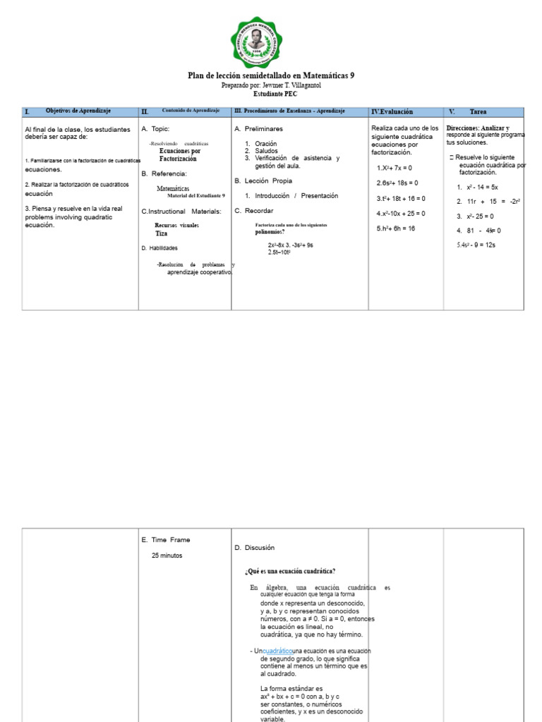 Plan de Lección Semi Detallado | PDF | Factorización | Ecuaciones