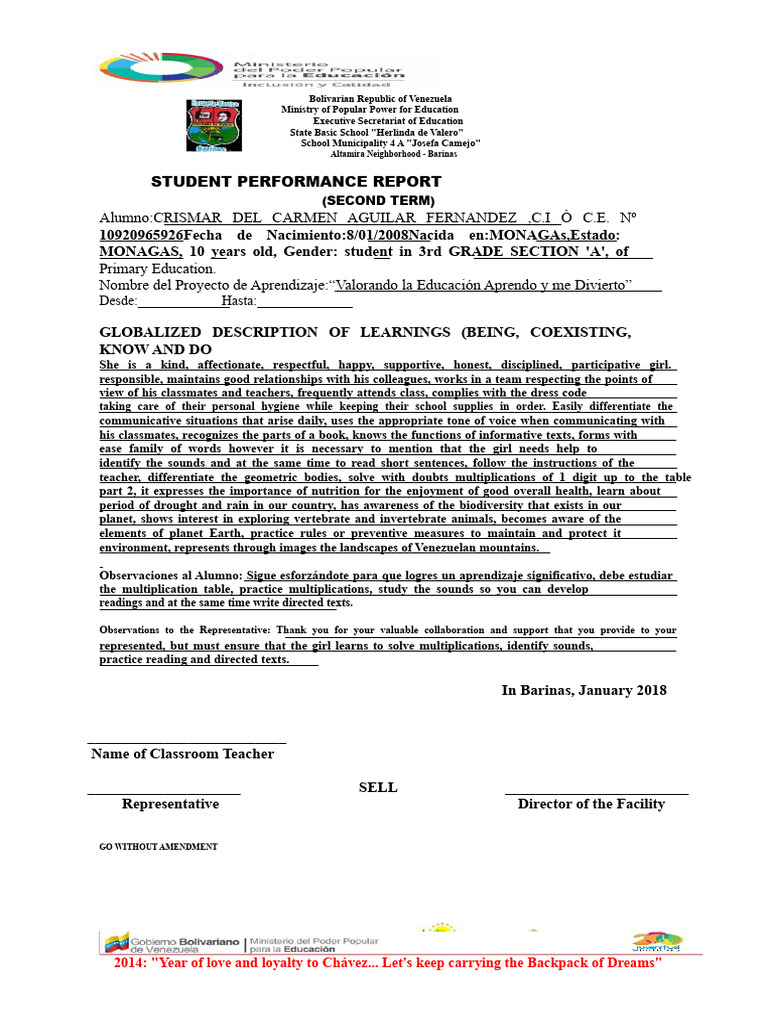 REPORT CARD II TERM 3rd A. YEAR 18 | PDF | Hugo Chávez | Learning