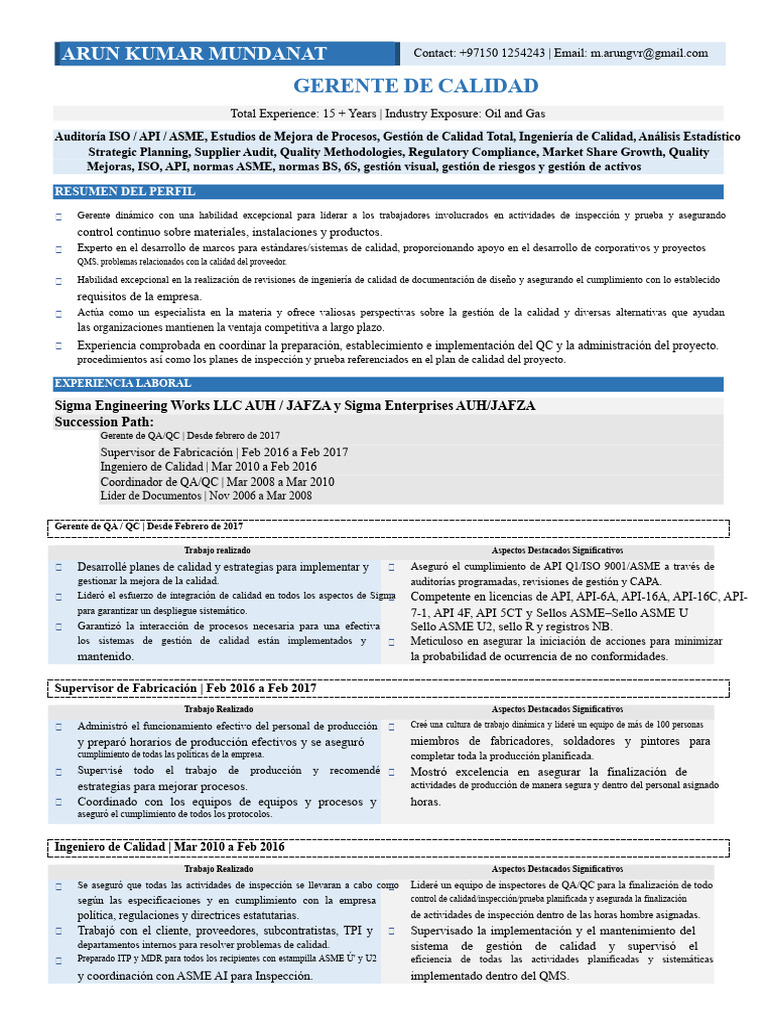 Currículum de Gerente de Calidad | PDF | Calidad (comercial) | Sistema ...