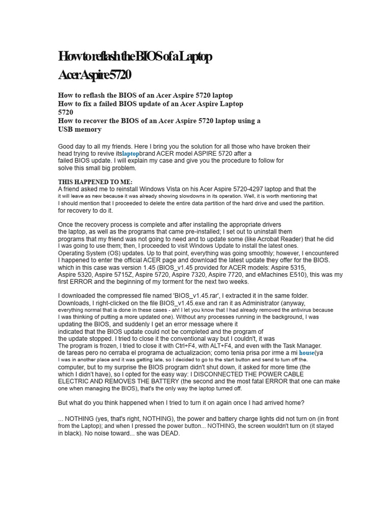 How to Reflash the BIOS of an Acer Aspire 5720 Laptop | PDF | Bios ...