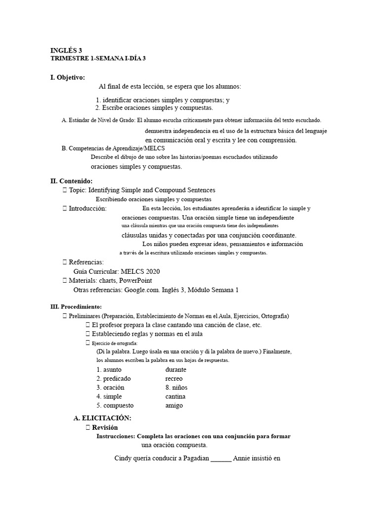 Inglés 3-Q1-Semana 1-Día 3 | PDF | Oración (Lingüística) | Mecánica del lenguaje