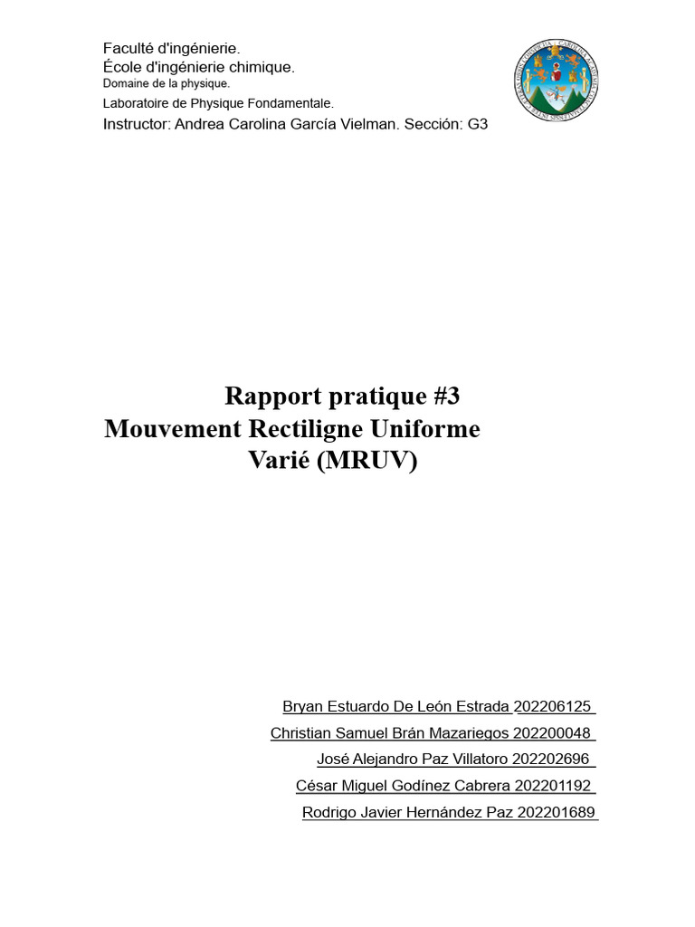 Rapport sur le Mouvement Rectiligne Uniforme | PDF | Physique