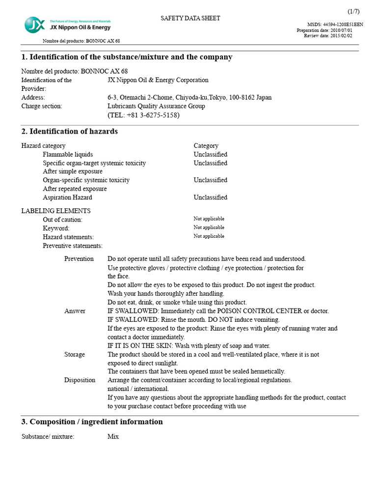 BONNOC AX 68 Safety Data Sheet | PDF | Toxicity | Hazards