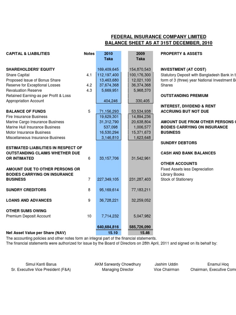 Balance Sheet As at 31 December 2010 | PDF
