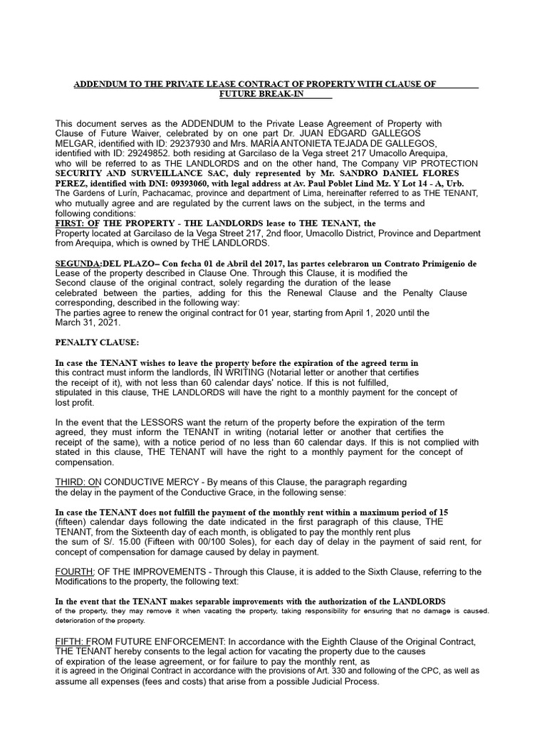 Lease Addendum with Penalty Clauses | PDF | Leasehold Estate | Lease