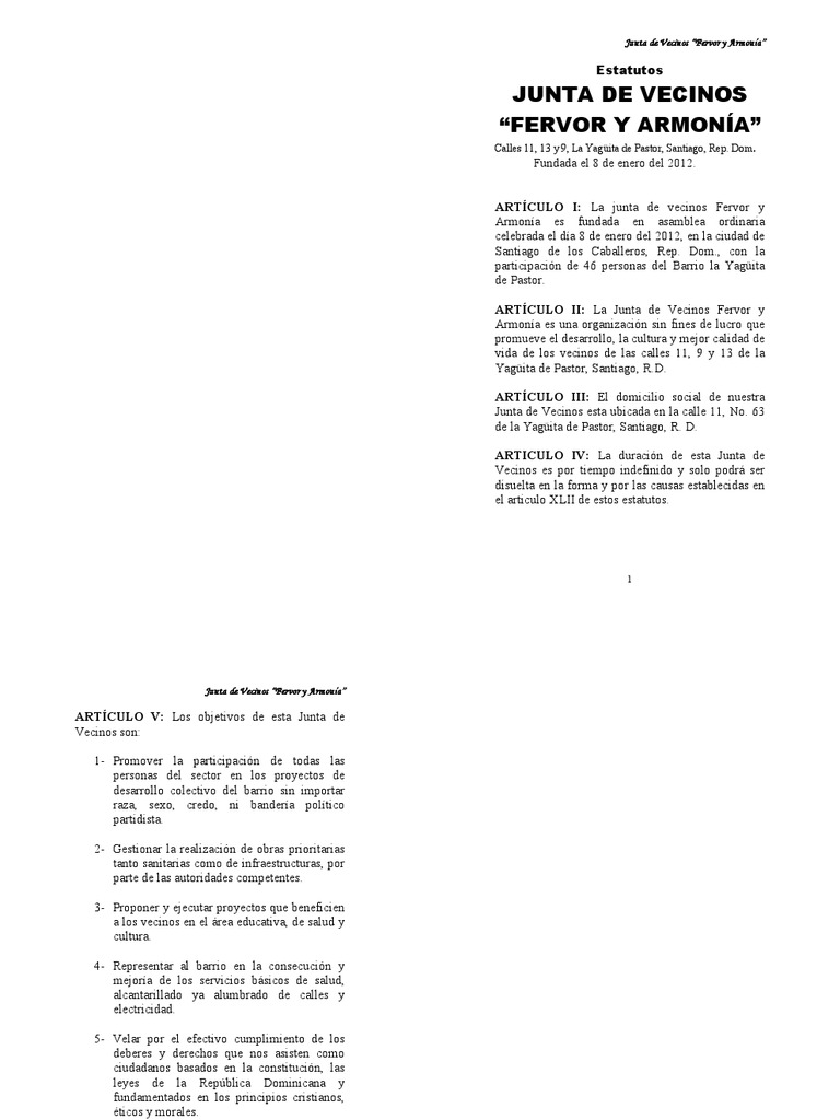 Estatutos Junta de Vecinos Fervor y Armonía | PDF | Quórum | Votación