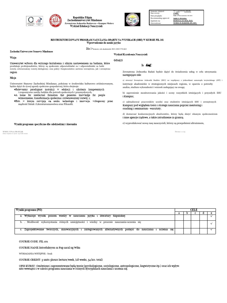 FIL 101 Wprowadzenie Do Nauki o Języku | PDF