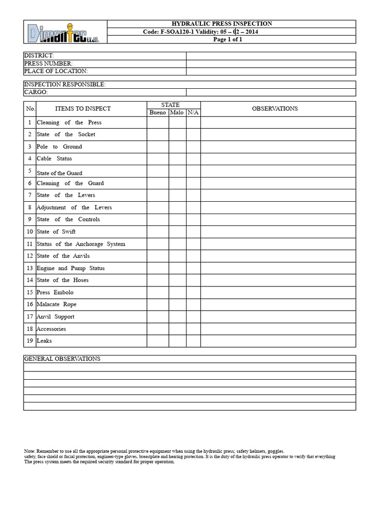 Hydraulic Press Inspection Checklist | PDF