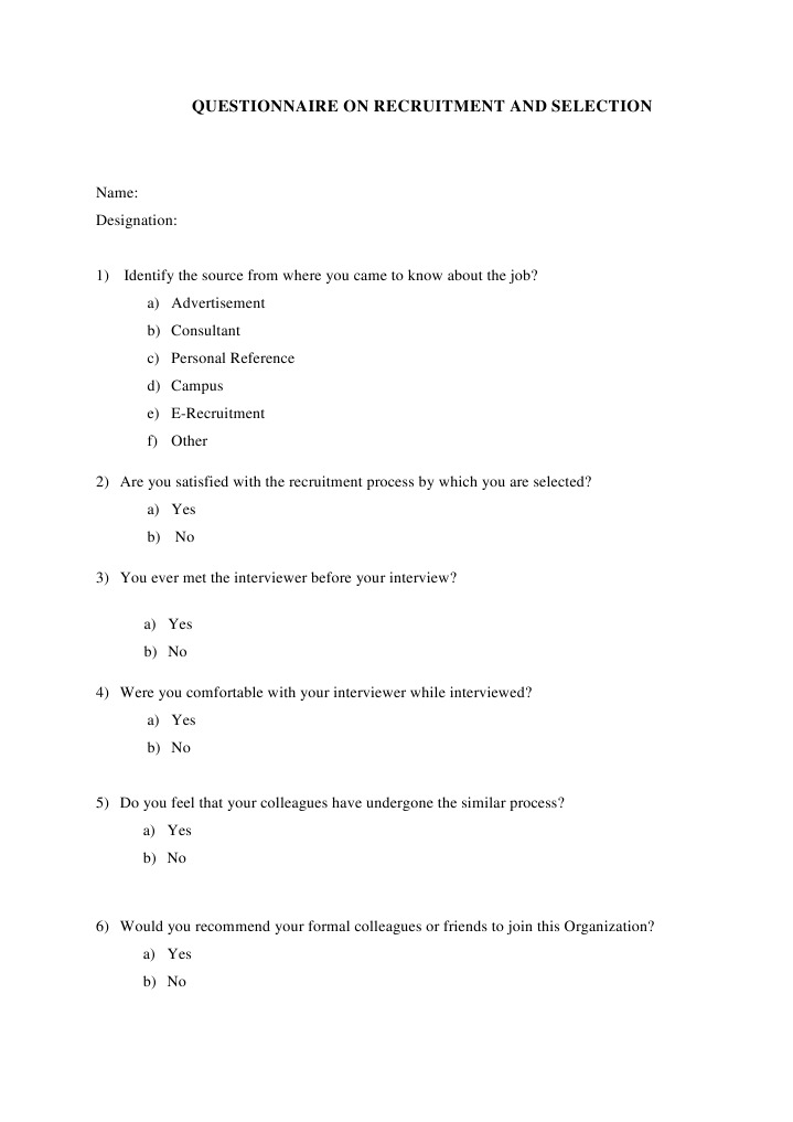 Questionnaire On Recruitment and Selection | PDF
