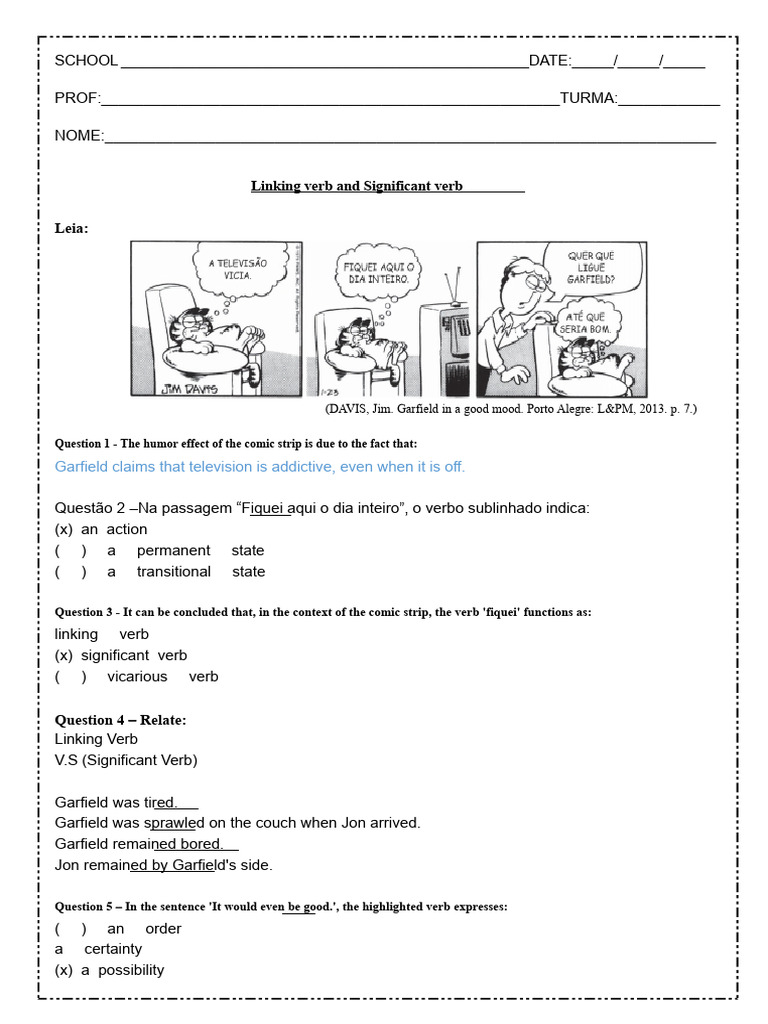 Activity Linking Verb and Significant Verb 9th Grade Answers | PDF