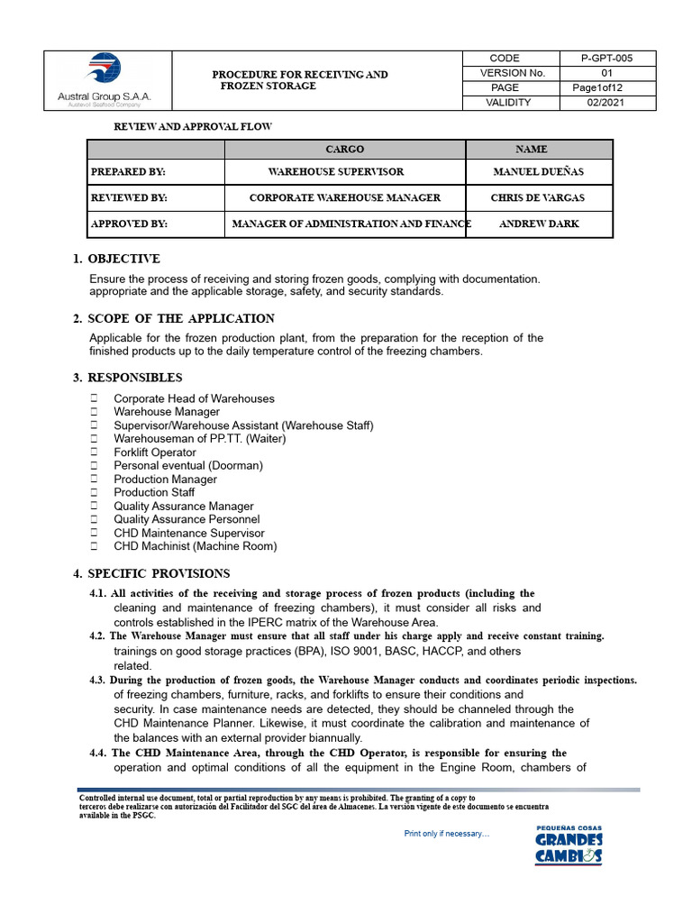 Frozen Goods Receiving Procedure | PDF | Warehouse | Refrigerator