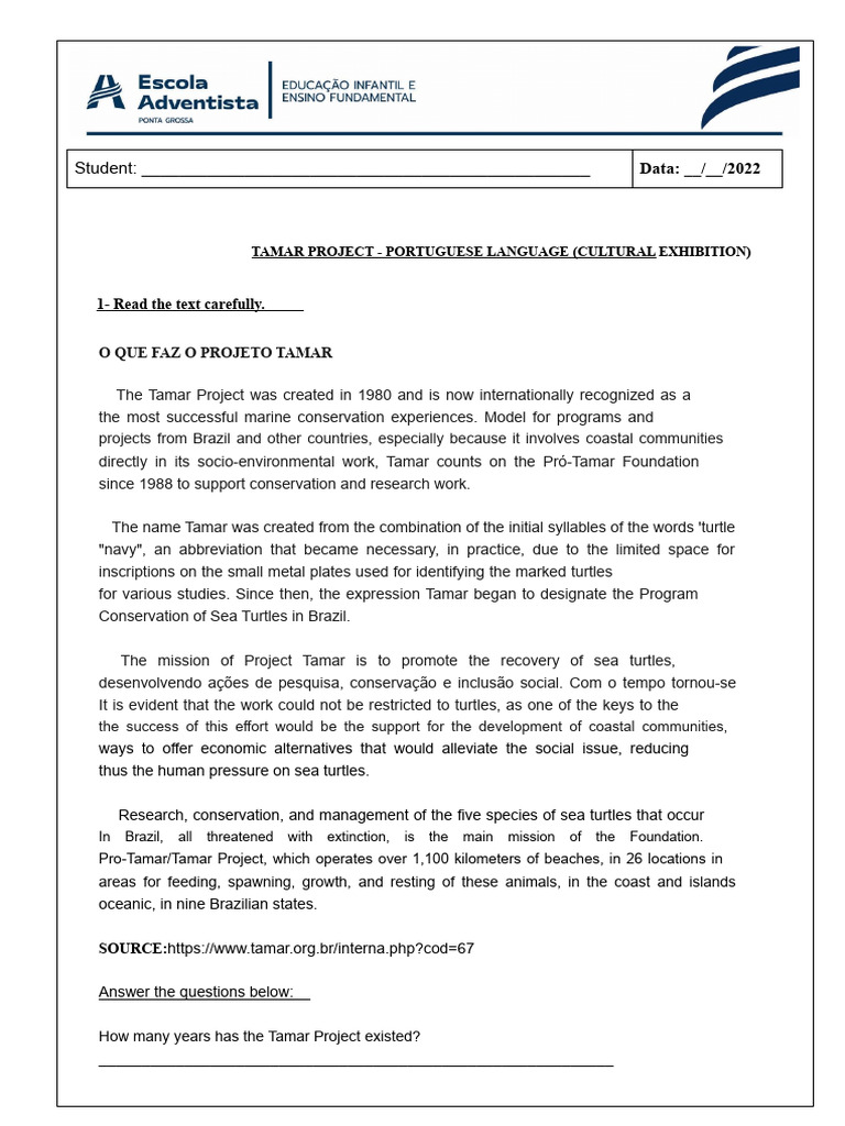 5th Year Activity Tamar Project | PDF | Sea Turtle