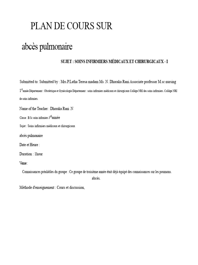 Plan de cours sur l'abcès pulmonaire | PDF | Poumon | Cancer du poumon