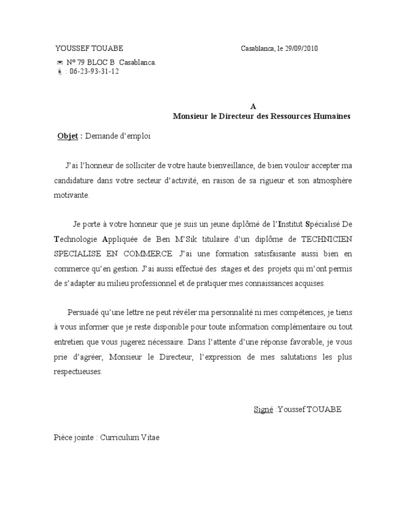 Demande d'emploi manuscrite de Youssef | PDF | Affaires