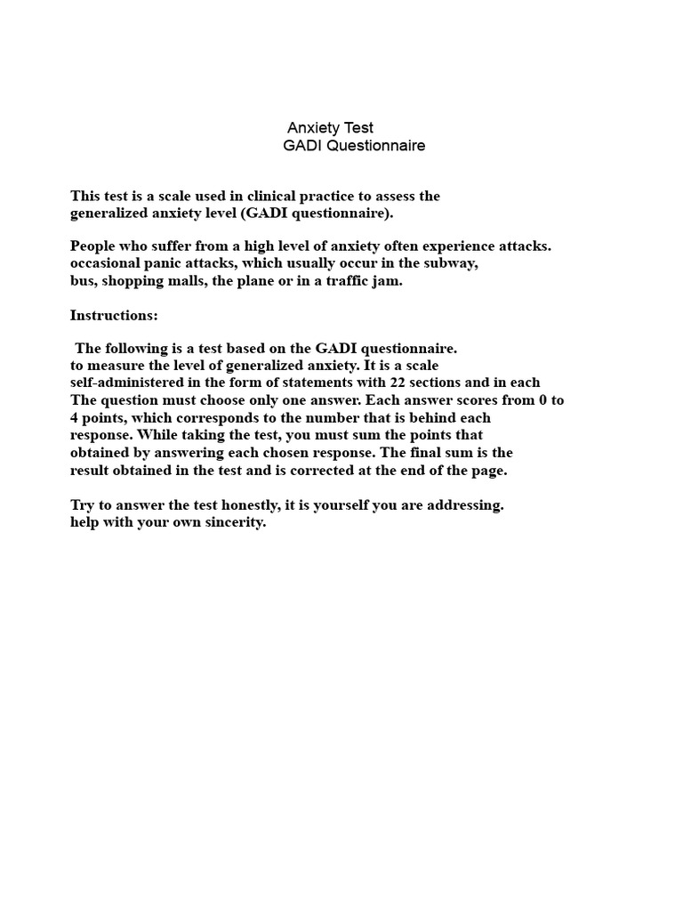 Anxiety Test GAD Questionnaire | PDF | Anxiety | Generalized Anxiety ...