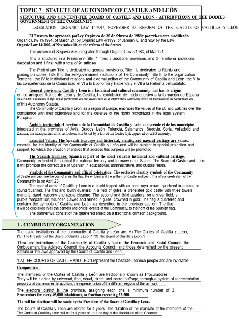 Topic 7 - Statute of Autonomy of Castile and León | PDF | Government