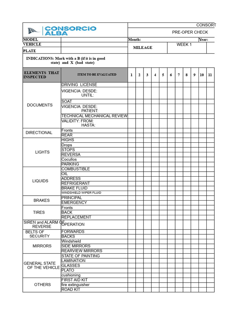 Vehicle Pre-Operation Check List | PDF | Vehicles | Transport