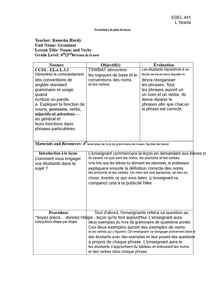 Leçon de grammaire : Noms et verbes 4e année | PDF | Phrase | Sémantique