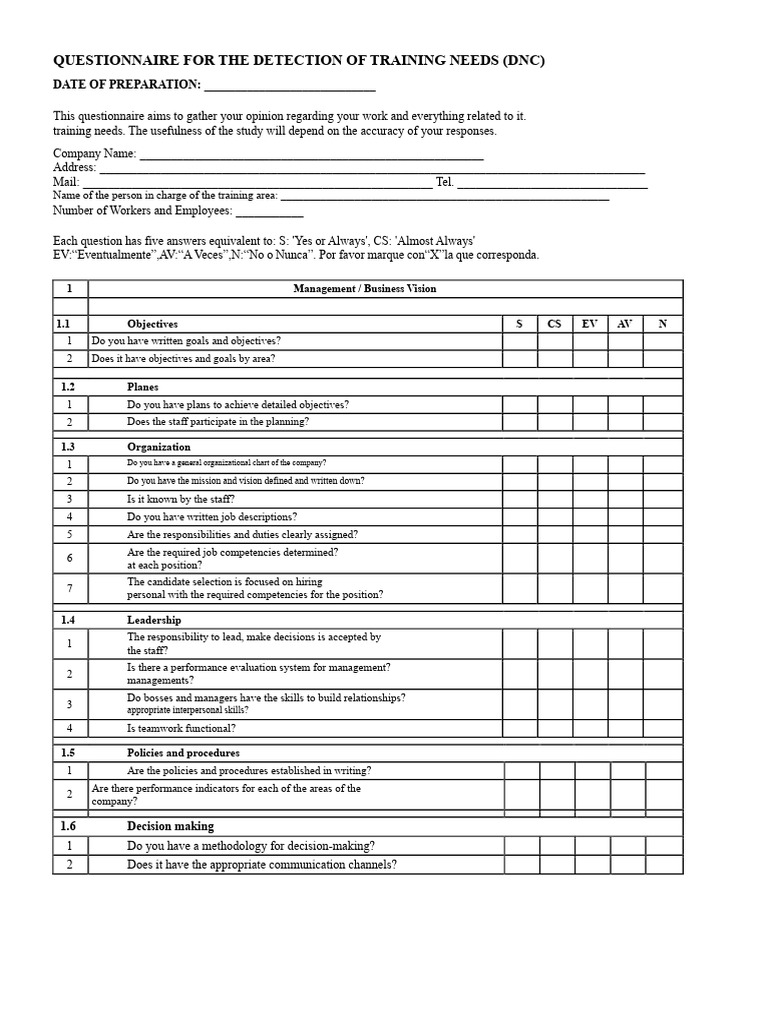Training Needs Detection Questionnaire | PDF | Performance Appraisal ...